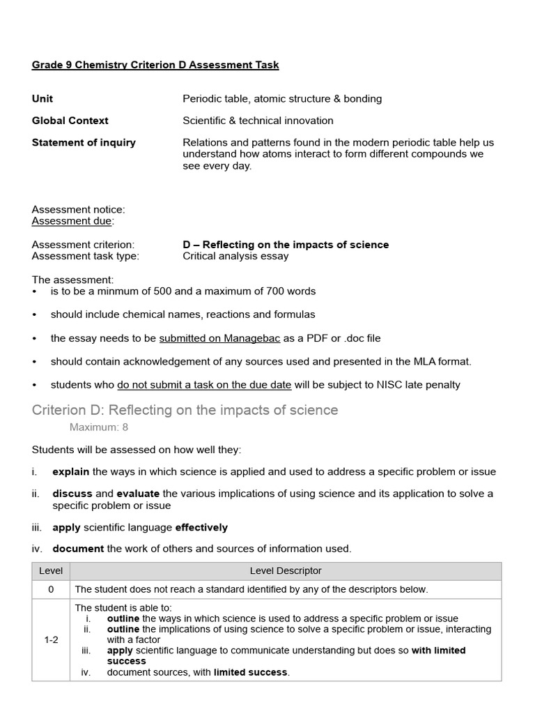 9SCI Chemistry Criterion D Assessment | PDF | Science | Essays