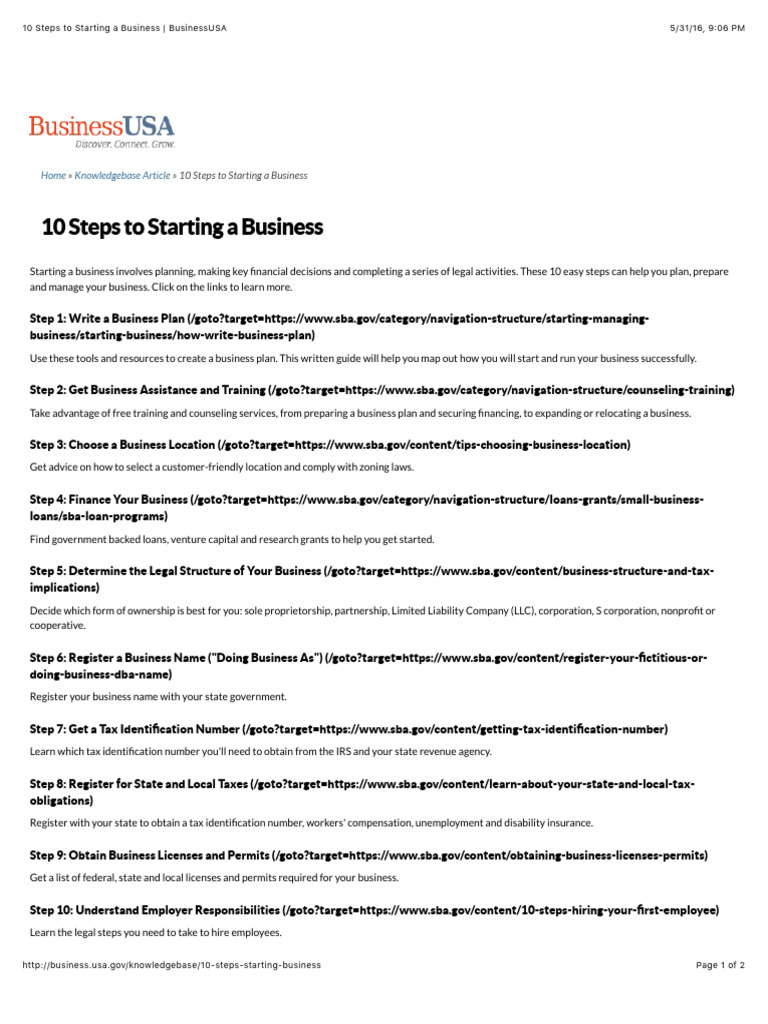 10 Steps To Starting A Business - BusinessUSA | PDF | Business | Corporations