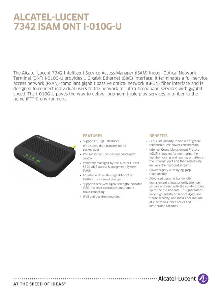 7342 ISAM ONT I-010G-U Datasheet | PDF | Computer Network | Fiber To The X