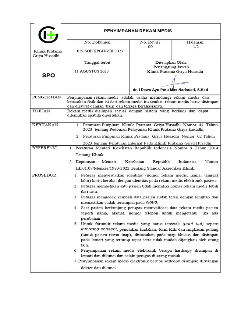 Prosedur Penyimpanan Rekam Medis Klinik | PDF | Kesehatan Holistik | Sains & Matematika