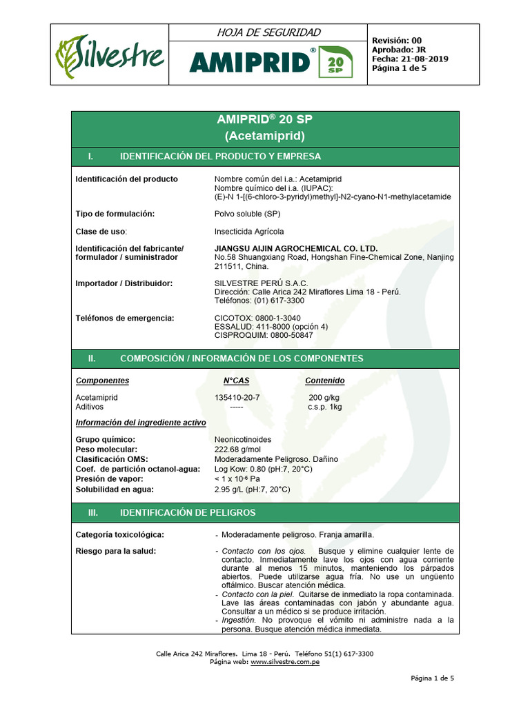 Amiprid 20 SP - MSDS | PDF | Residuos | Pesticida