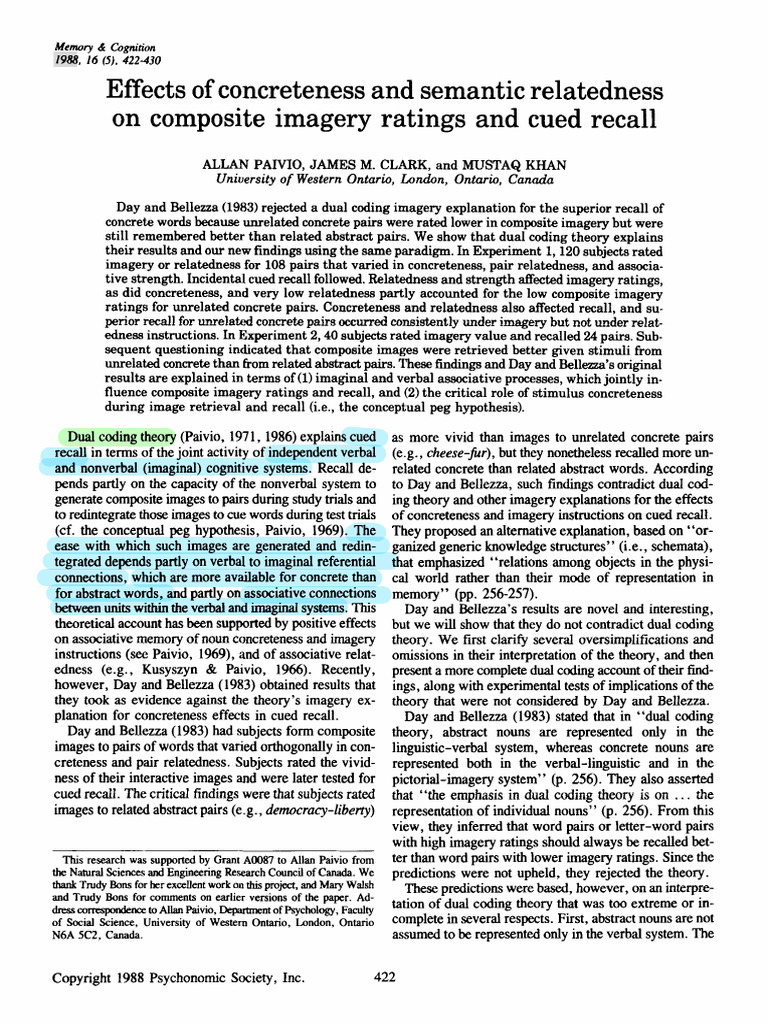 Effects of Concreteness and Semantic Relatedness On Composite Imagery ...