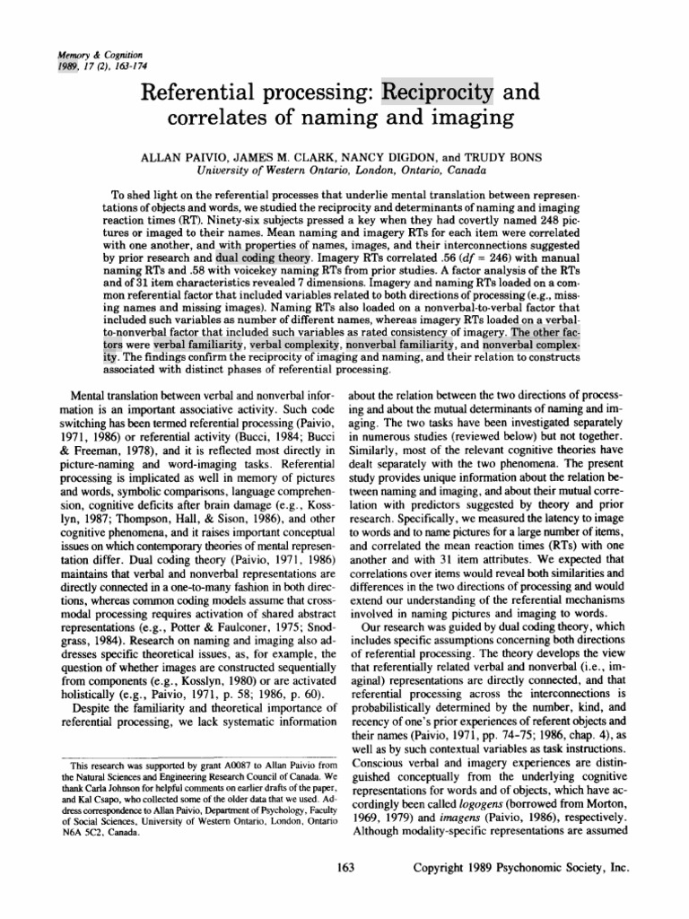 Referential Processing - Reciprocity and Correlates of Naming and ...