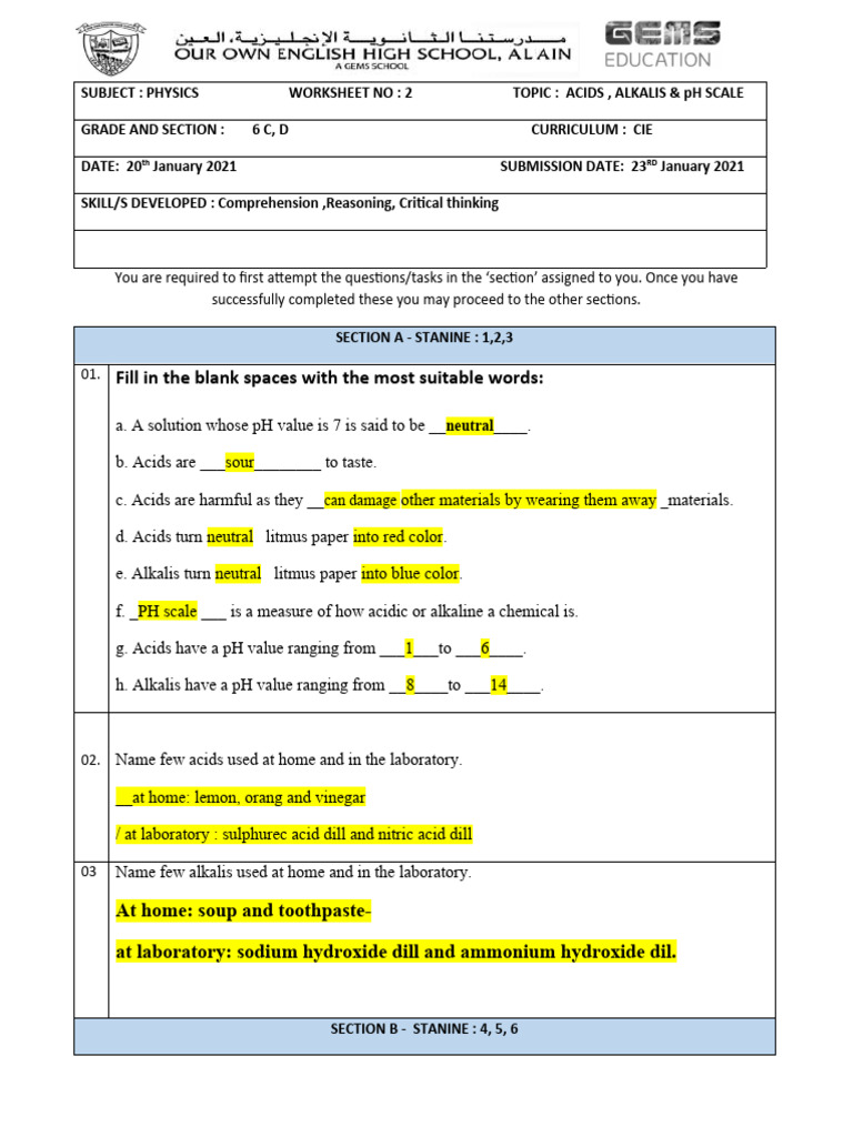 Acids Alkalis Worksheet | PDF | Acid | Ph