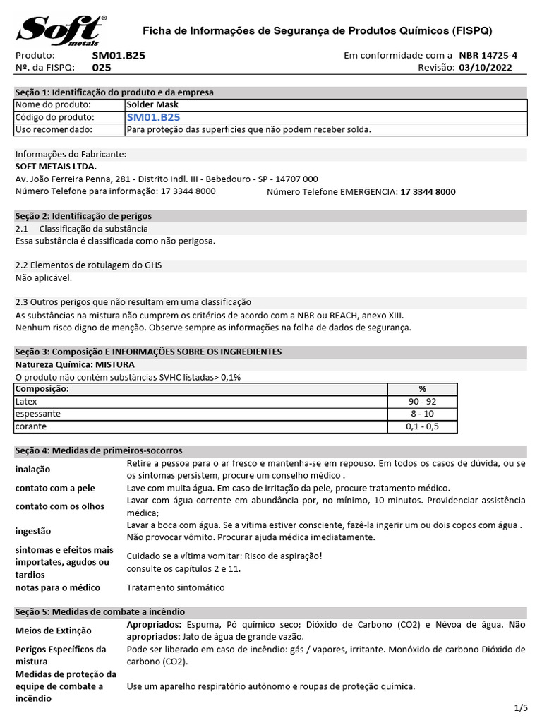 Solder Mask - SM01.B25 - FISPQ 025 | PDF | Dióxido de carbono | Desperdício