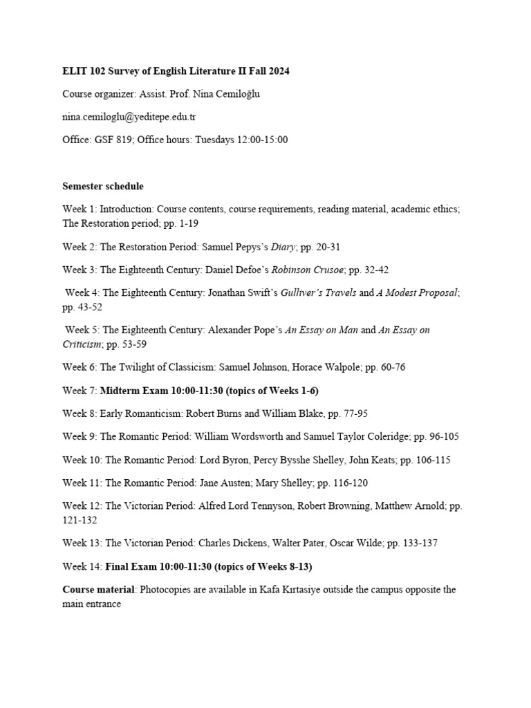 ELIT 102 Syllabus Spring 2024 | PDF