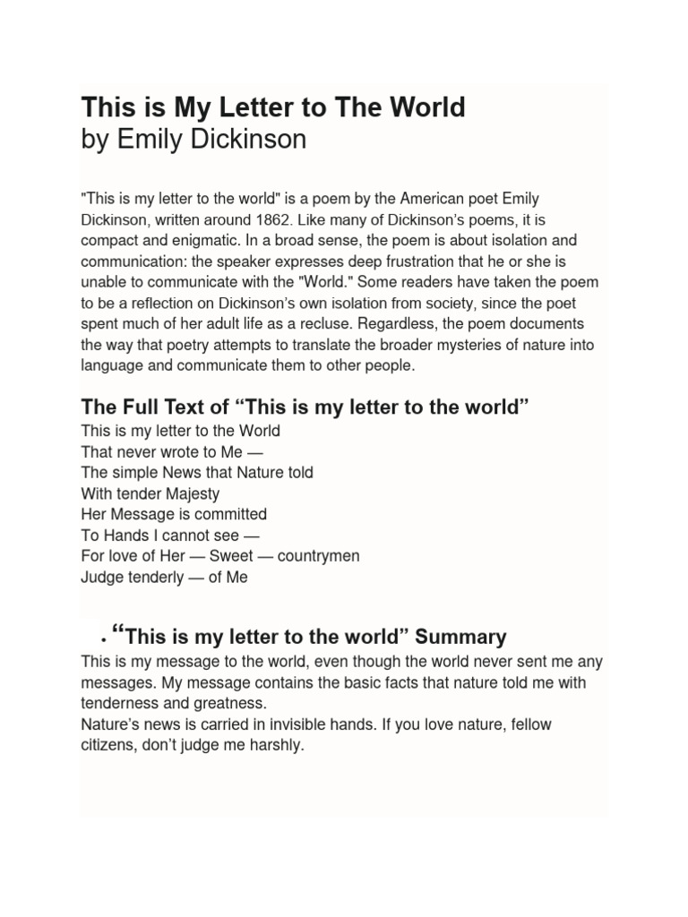 By Emily Dickinson: This Is My Letter To The World | PDF | Poetry ...