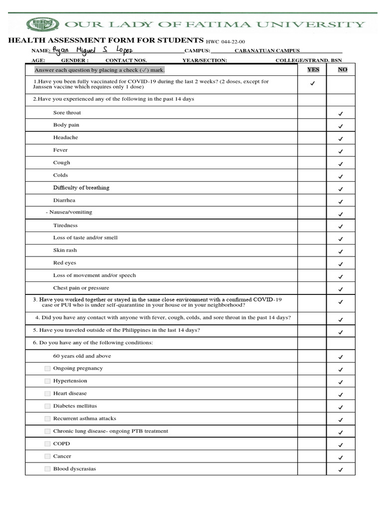 Health Assessment Form Original | PDF | Chronic Obstructive Pulmonary Disease | Chronic Condition