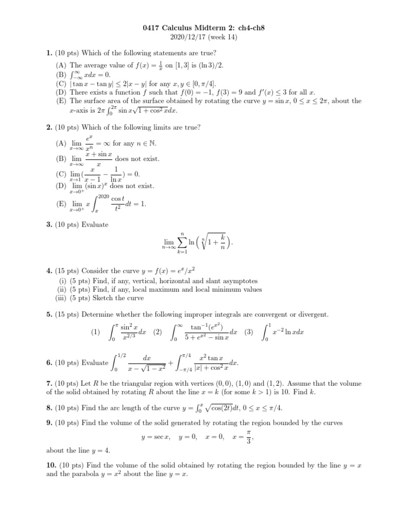 Calculus1 Final Exam (2020) | PDF | Analysis | Algebraic Geometry