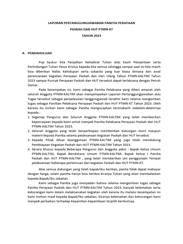 Laporan Pertanggungjawaban Panitia Perayaan Paskah & Hut PTMN | PDF