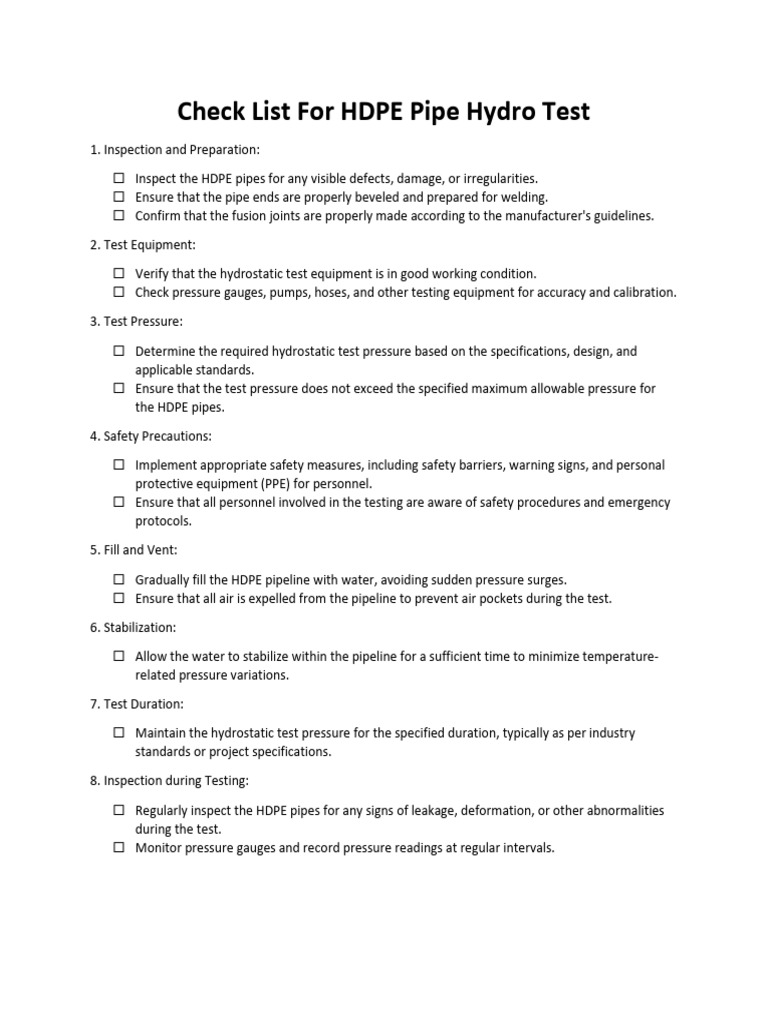 Hydrotest Check List | PDF