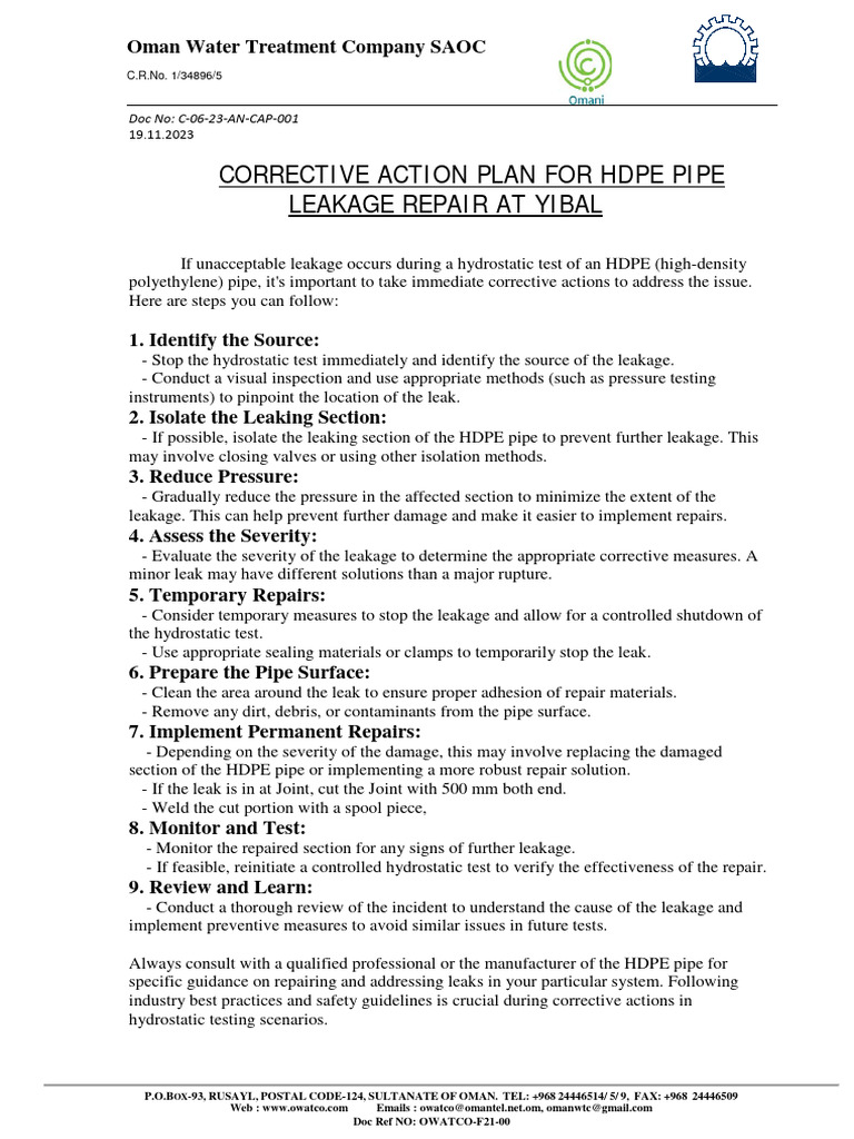 Corrective Action | PDF | Leak | Pipe (Fluid Conveyance)