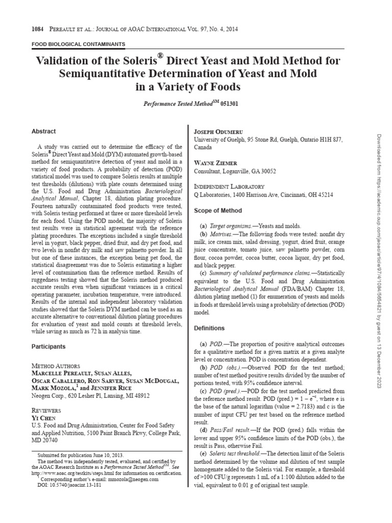 2014 - Validation of The Soleris DYM Method For Semiquantitative Determination of Yeast and Mold ...