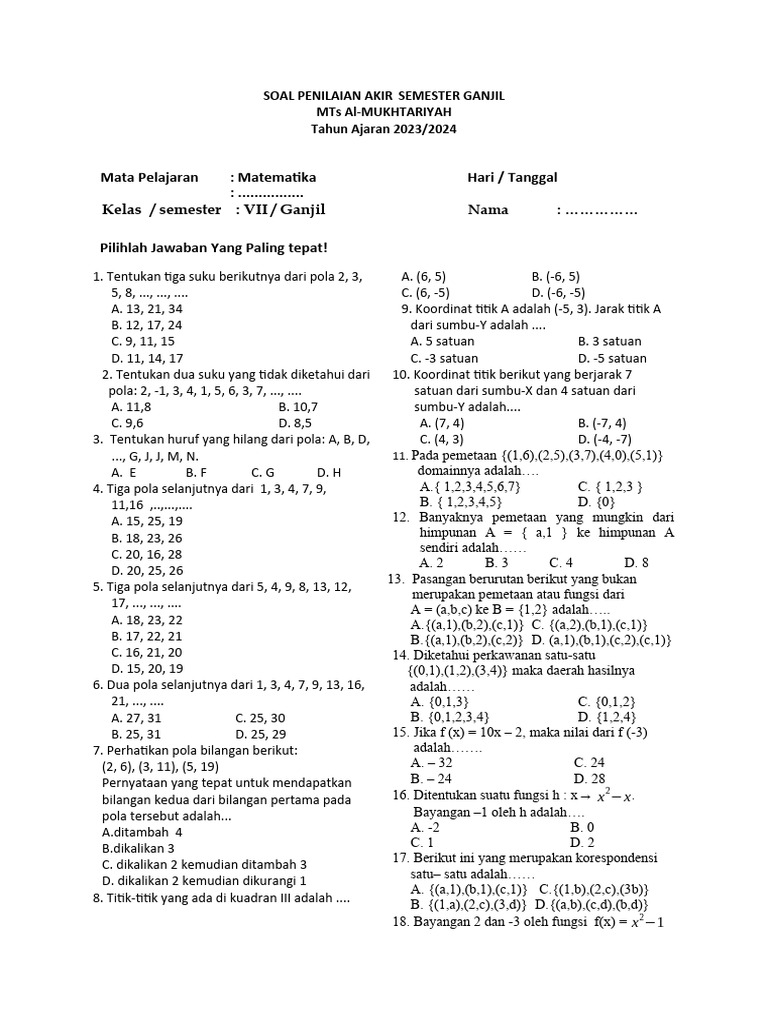 SOAL PENILAIAN AKIR SEMESTER GANJIL Kls 8 | PDF