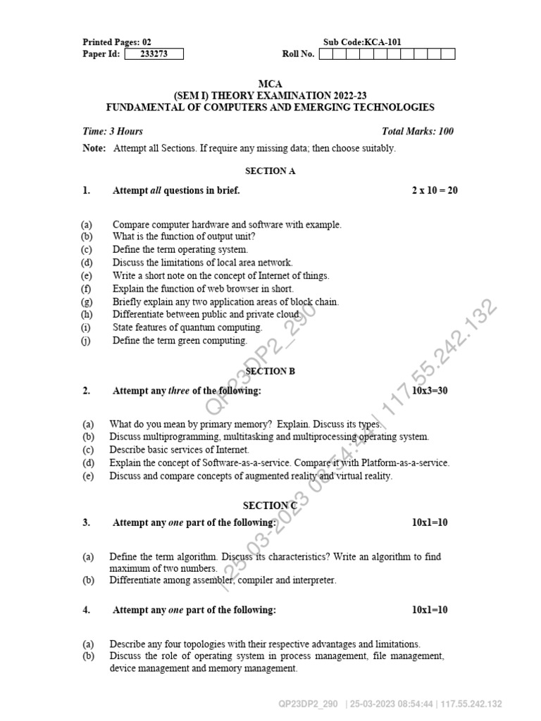 Mca 1 Sem Fundamental Of Computers And Emerging Technologies Kca 101 2023 Pdf Computing
