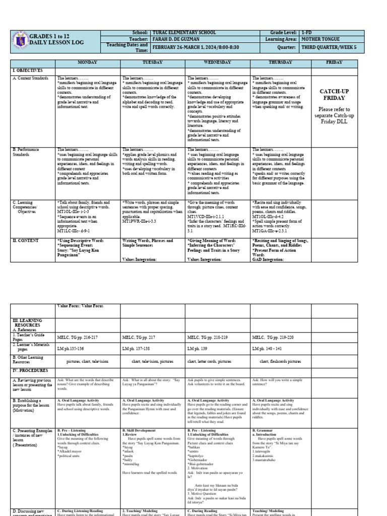 DLL Mother Tongue Q3 W5 Edited 2024 | PDF | Cognitive Science | Human ...
