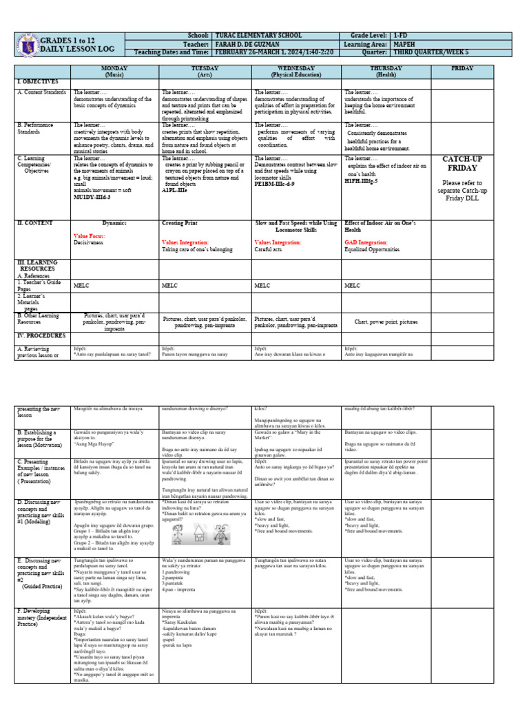 DLL Mapeh Q3 W5 Edited 2024 | PDF | Learning | Psychological Theories