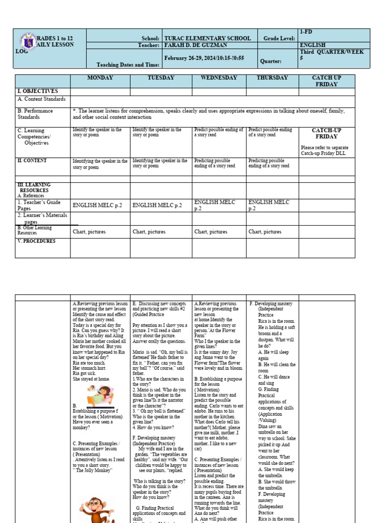 DLL ENGLISh Q3 W5 T | PDF | Language Arts & Discipline