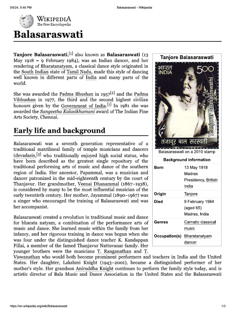 Balasaraswati (Wikipidea) | PDF