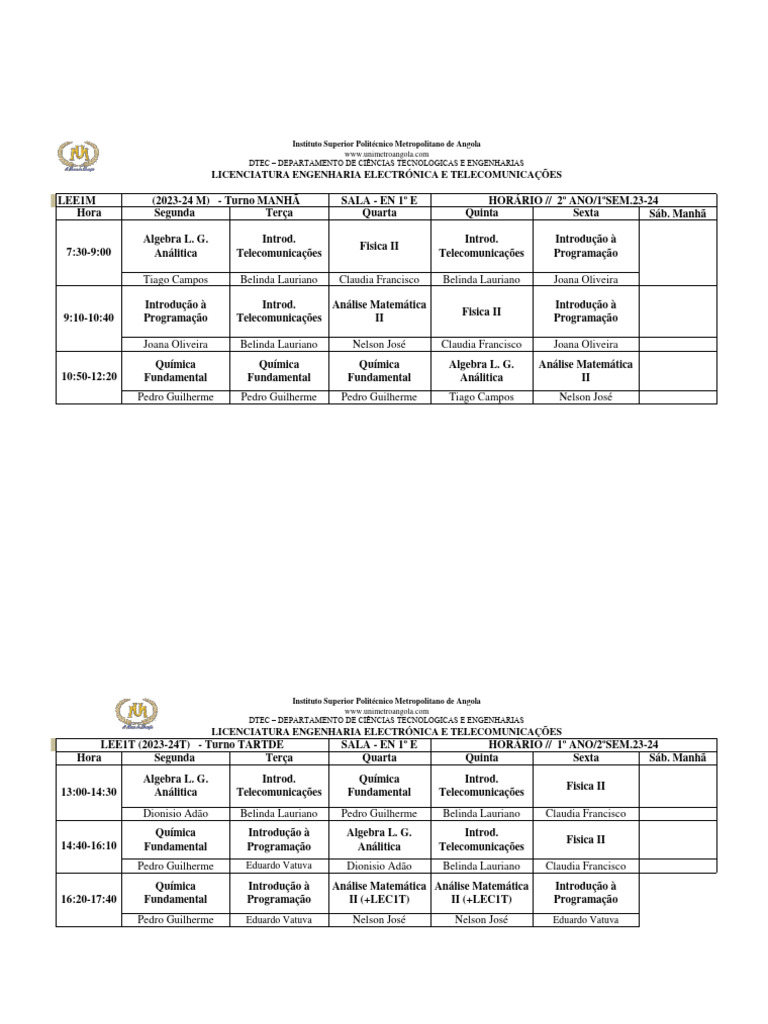 Horario Da Faculdade Metropolitana de Angola 3 Ano 2 Semestre | PDF ...