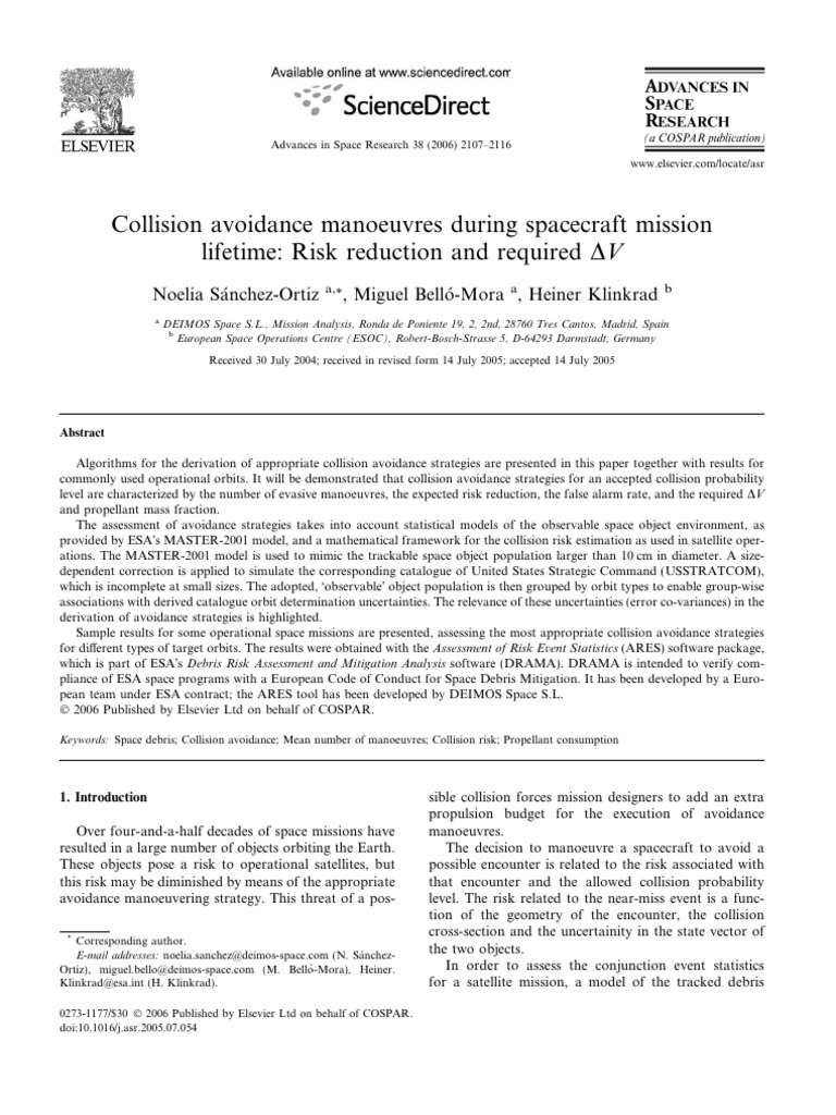 Collision Avoidance Manoeuvres During Spacecraft Mission Lifetime-Risk Reduction and Required DV ...