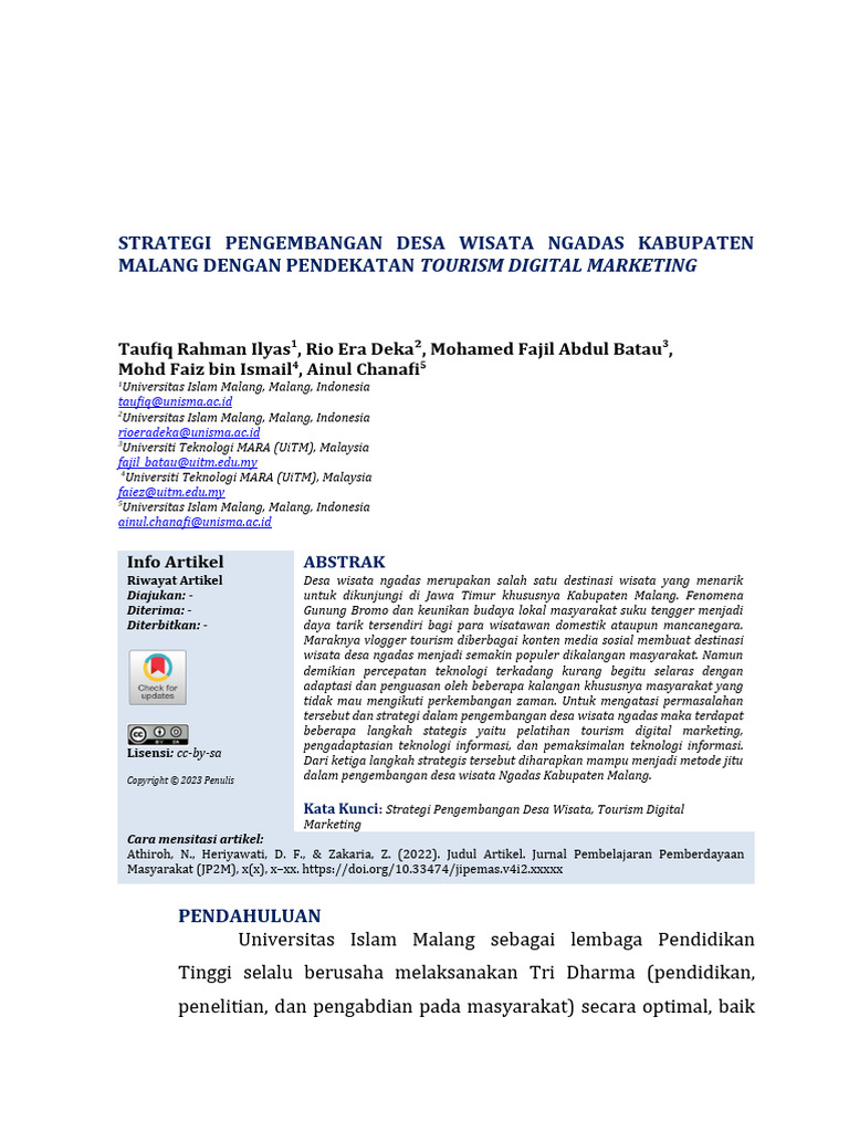Strategi Pengembangan Desa Wisata Ngadas Kabupaten Malang JP2M | PDF ...