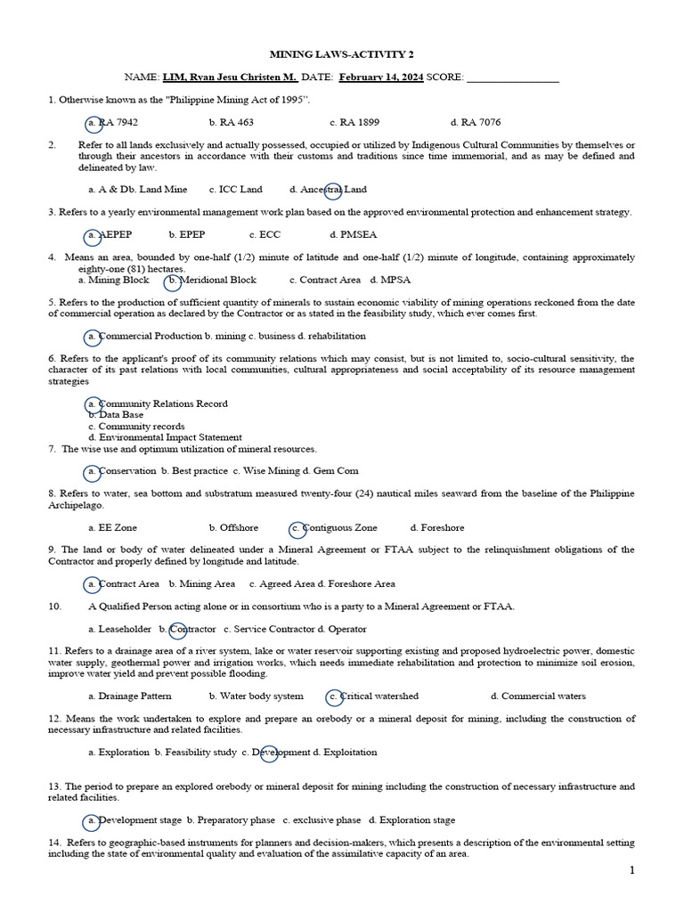 Philippine Mining Act Quiz and Terms | PDF | Mining | Audit
