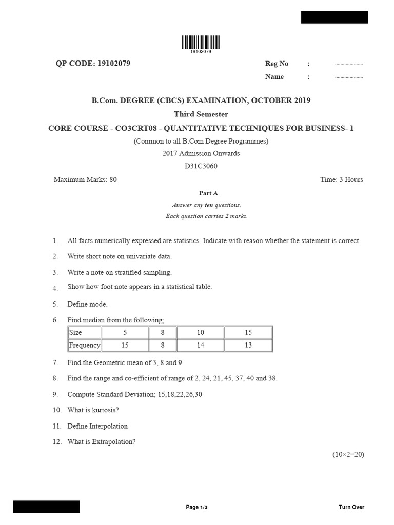 Bcom 3 Sem Quantitative Techniques For Business 1 19102079 Oct 2019 | PDF | Statistics | Mode ...