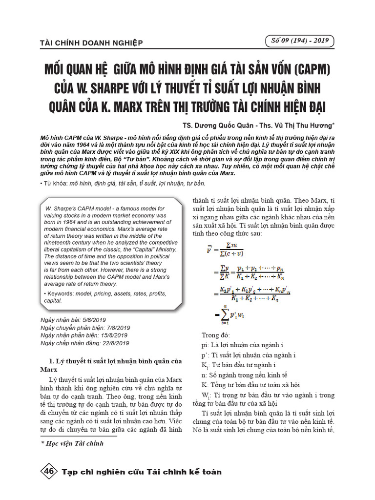 Mối Quan Hệ Giữa Mô Hình Định Giá Tài Sản Vốn (Capm) Của W. Sharpe Với Lý Thuyết Tỉ Suất Lợi ...