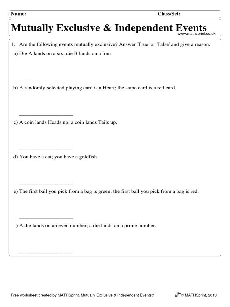 Mutually Exclusive & Independent Events Worksheet | PDF | Probability ...