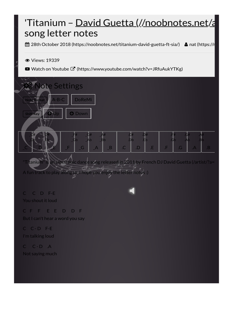 Titanium - David Guetta Ft. Sia Letter Notes For Beginners - Music ...