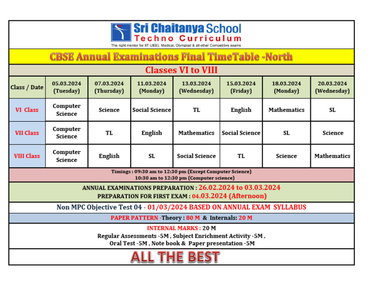 Cbse Classes Vi - Viii Annual Examinations Final Time Table (North) | PDF