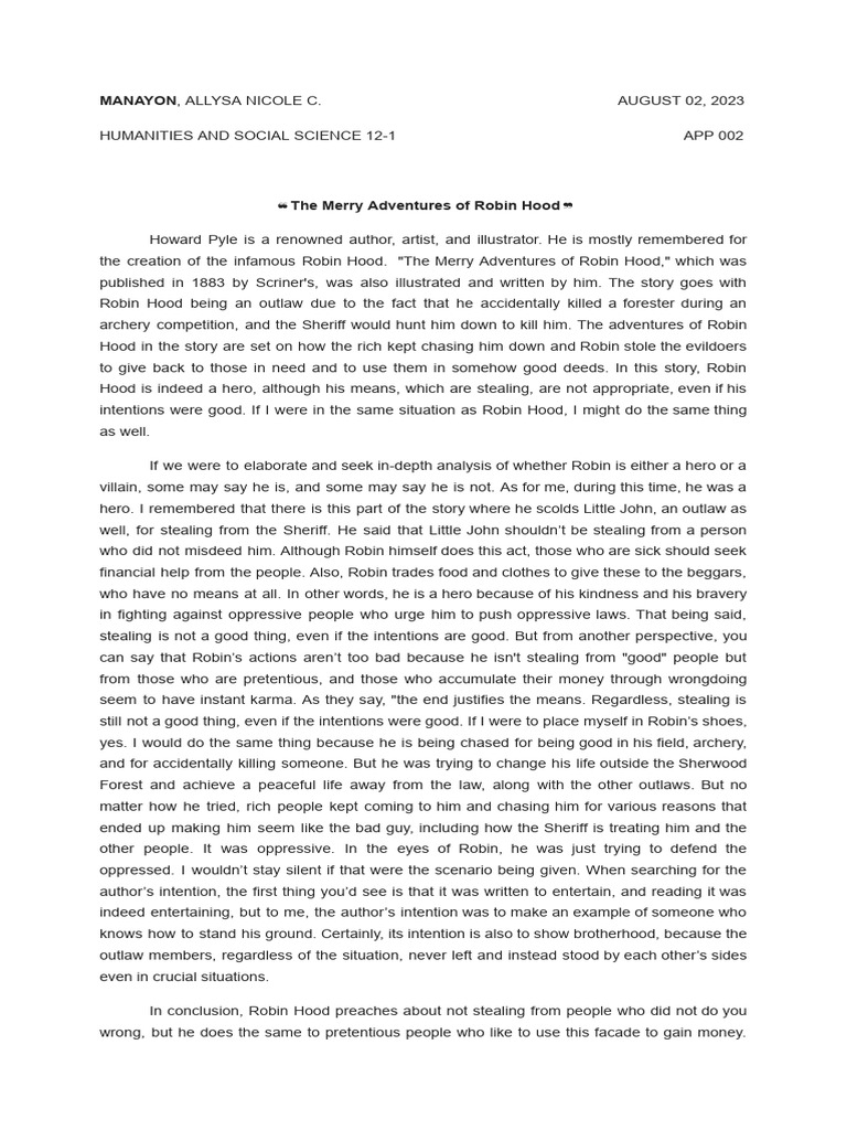 Robin Hood: Hero or Villain? Analysis | PDF