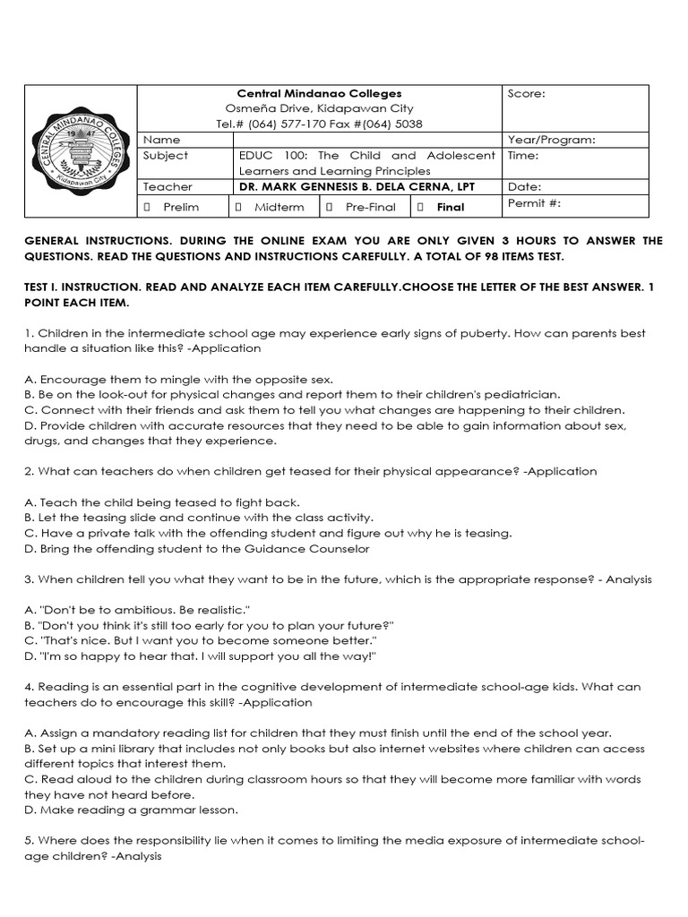 Educ-100 - The Child and Adolescent Learners and Learning Principles | PDF | Adolescence ...