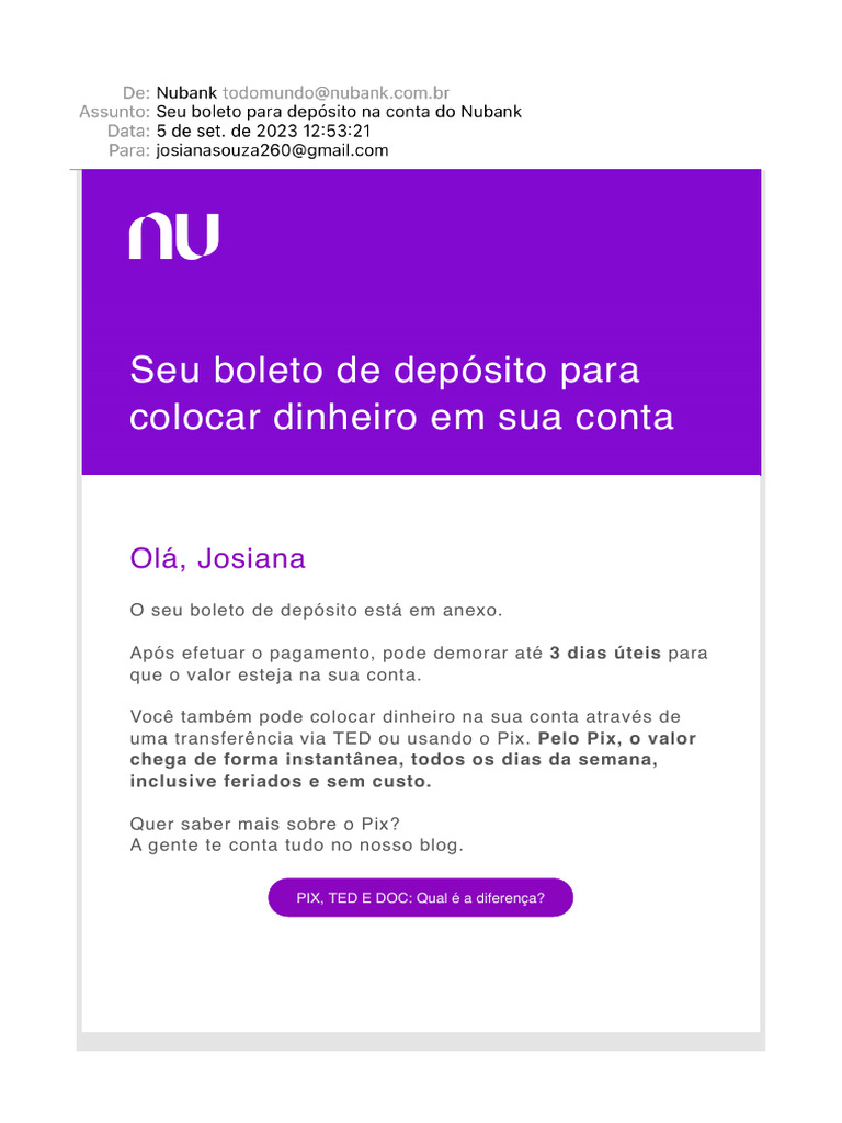 Seu Boleto para Depósito Na Conta Do Nubank | PDF