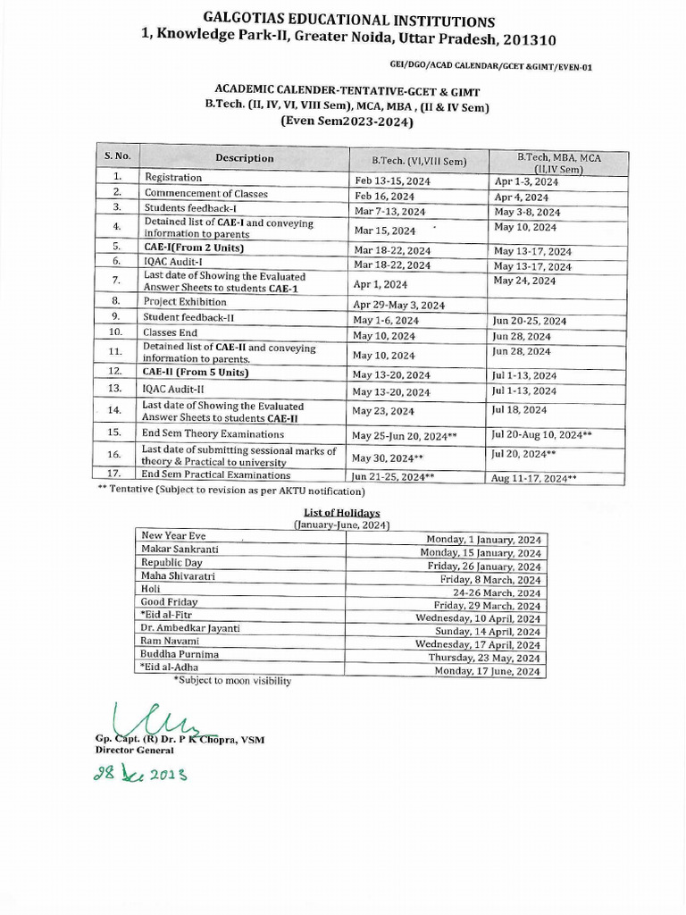 Academic Calender 2023 24 Even Semester Pdf