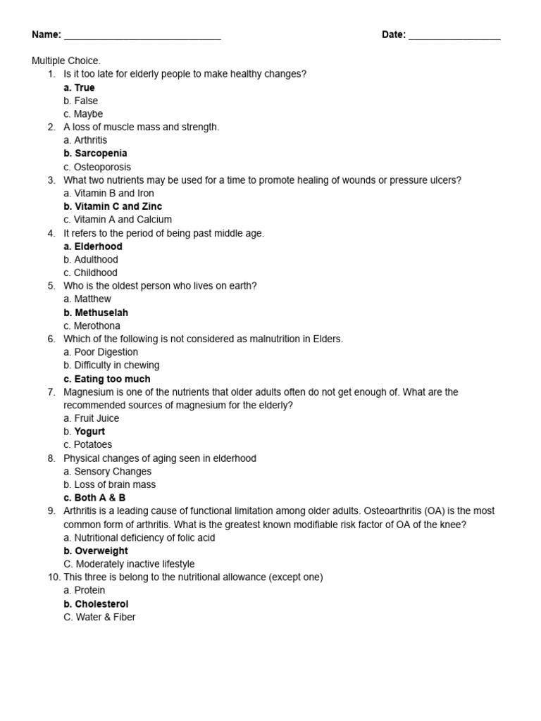 Elderly True or False Quiz with Answers | PDF | Wellness