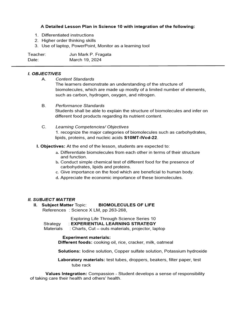 DLP For Grade 10 Biomolecules | PDF | Wellness