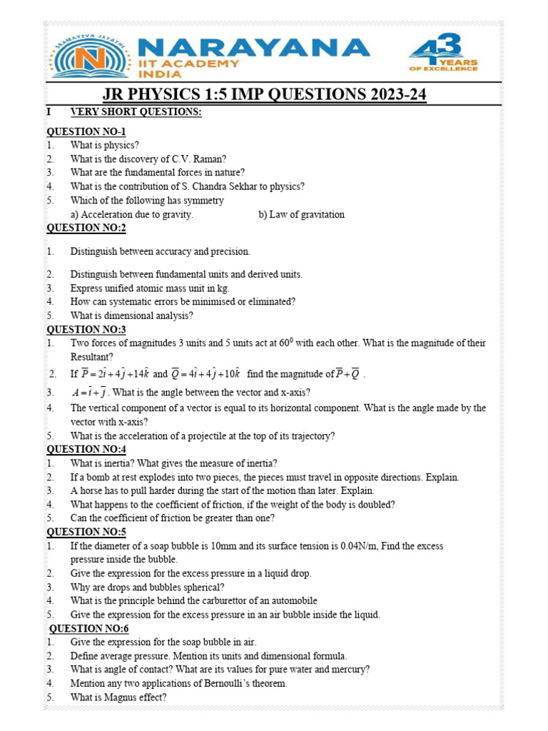 TS - JR - Physics Imp - Questions 2023-24 | PDF | Collision | Speed