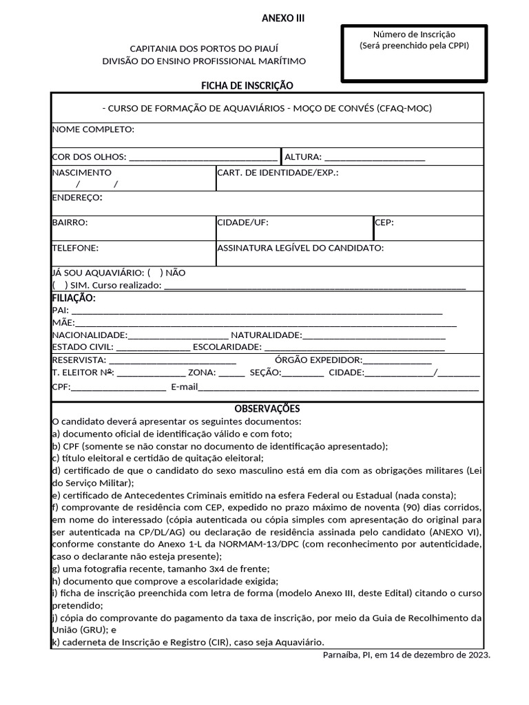 ANEXO III Ficha de Inscricao CFAQ 2024 | PDF