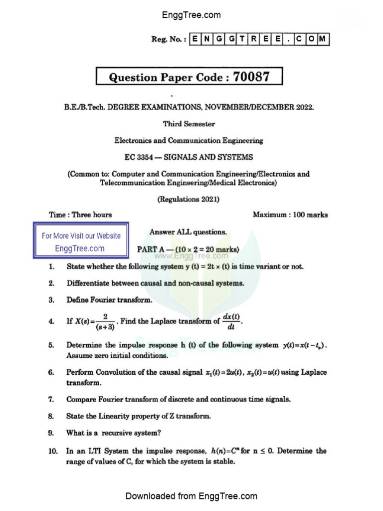 EC3354 Signals and Systems Nov Dec 2022 Question Paper Download | PDF