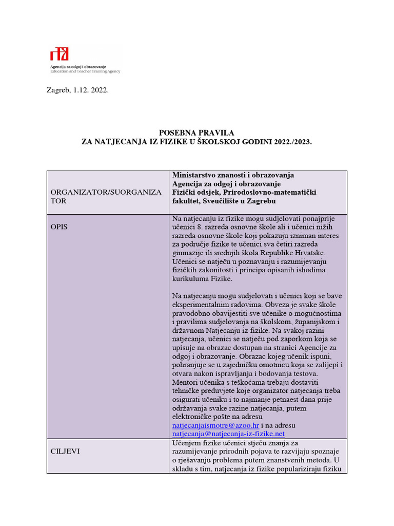 Posebna Pravila Za Natjecanje Iz Fizike | PDF
