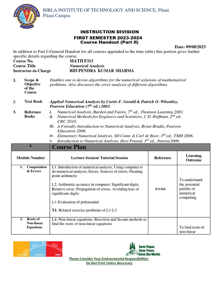 Numerical Analysis Course Guide | PDF | Numerical Analysis | Matrix ...