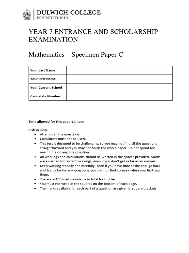 Year 7 Maths Entrance Exam Paper | PDF | Area | Triangle