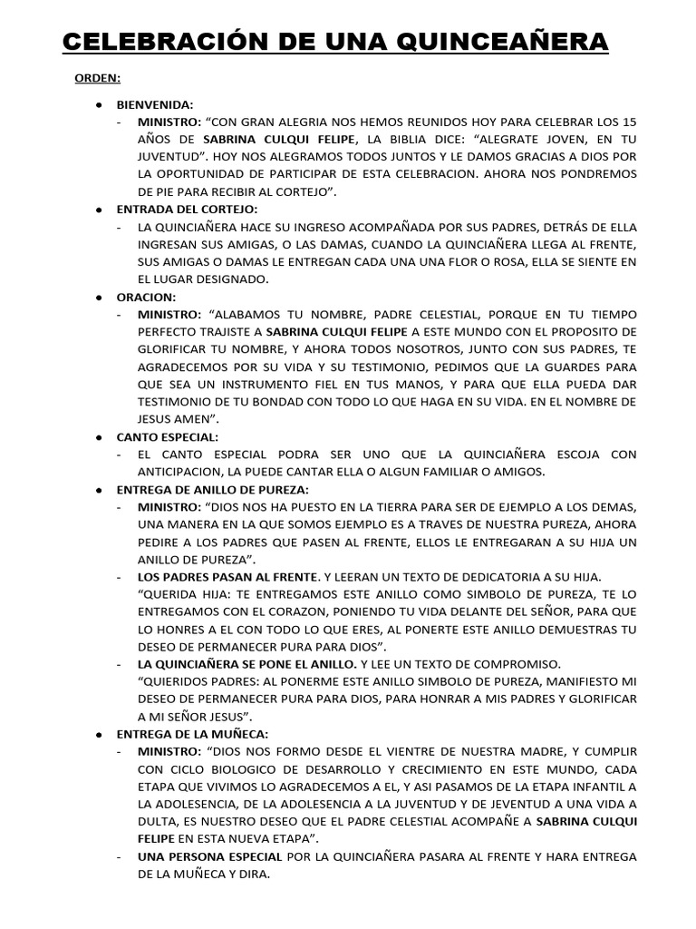 Ceremonia de Quinceañera Cristiana | PDF | Oración | Biblia