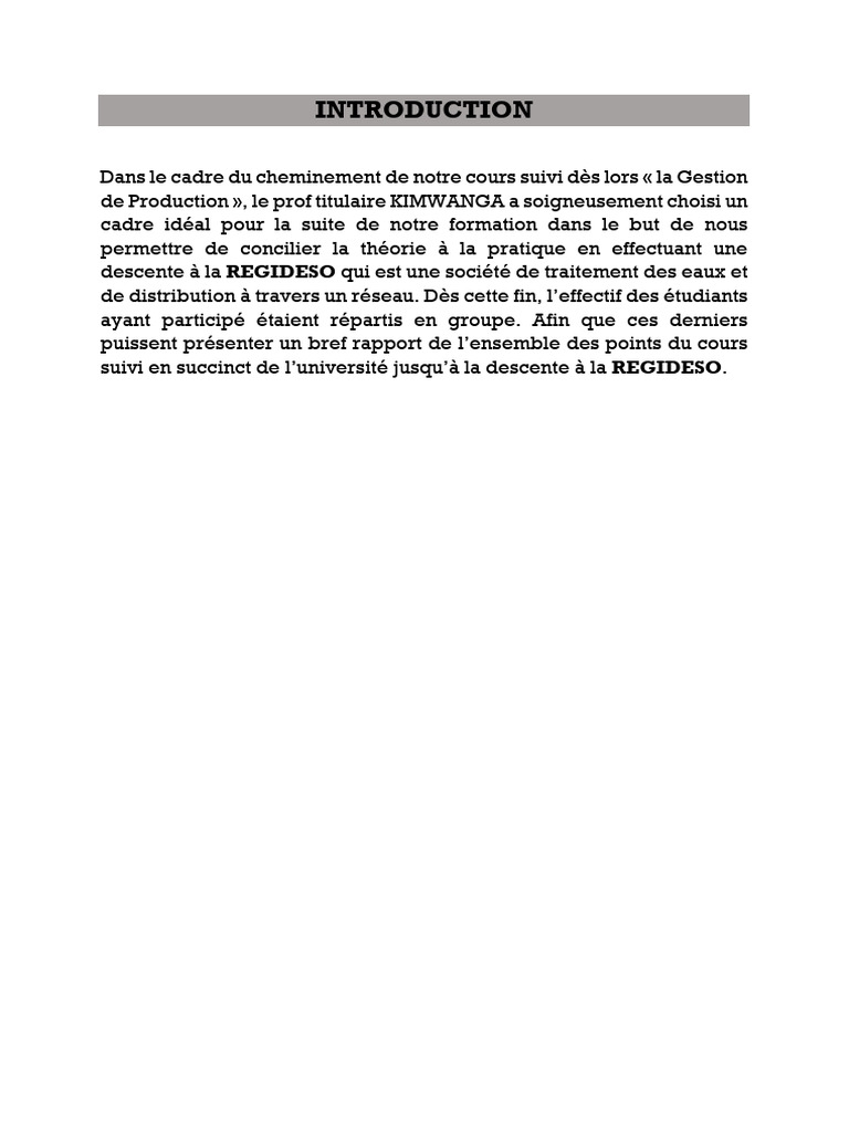 Présentation de la REGIDESO RDC | PDF | Eau