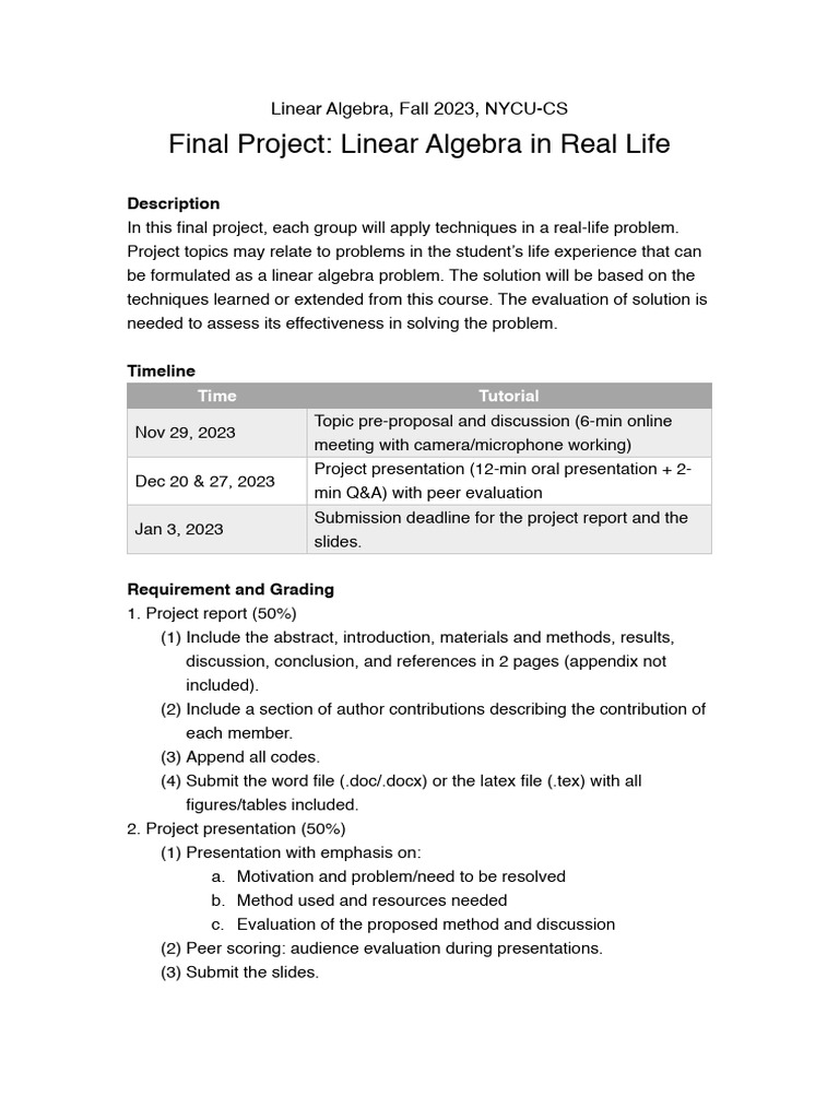 Final Project: Linear Algebra in Real Life: Description | PDF | Matrix ...