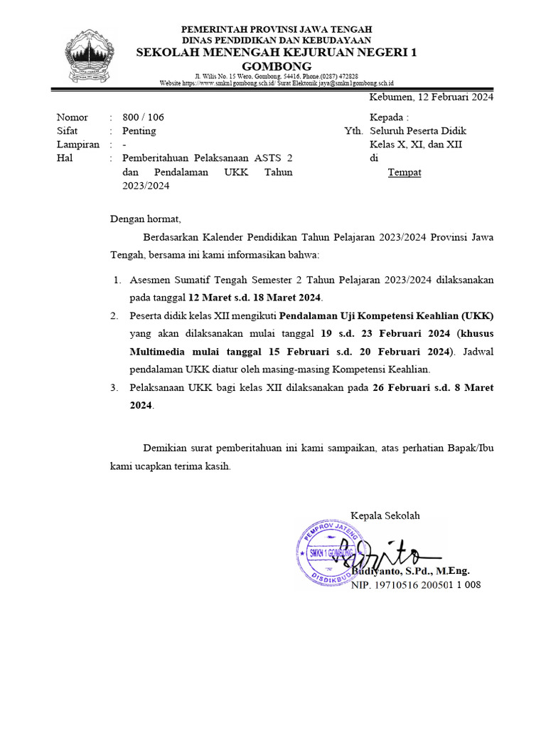 Surat Pemberitahuan ASTS 2 Dan Persiapan UKK Tahun 2024 Untuk Peserta Didik | PDF