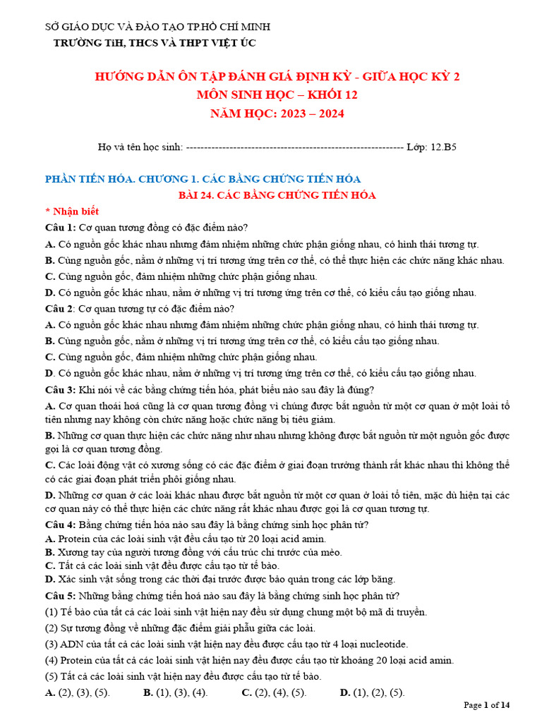 Final - Sinh 12 - Huong Dan On Tap Kiem Tra Cuoi Ky 2 - (CAPI) | PDF