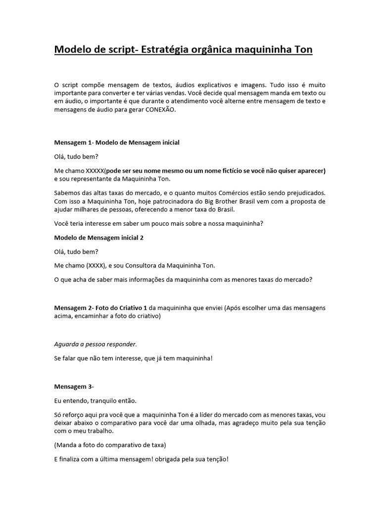 Modelo de Script - Estratégia Orgânica Maquininha Ton | PDF | Empréstimos
